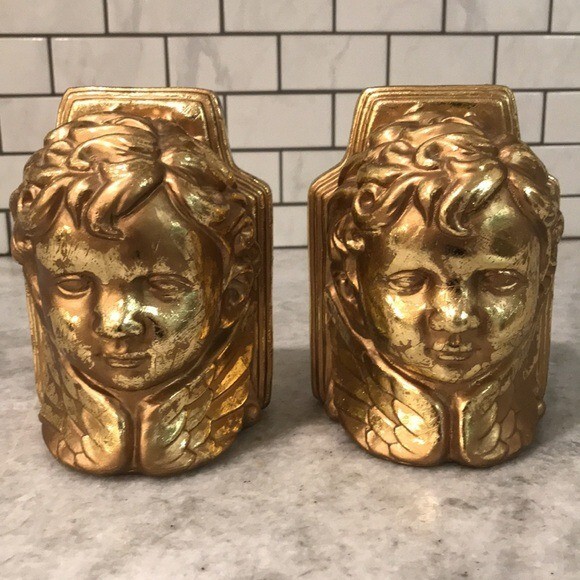 Vintage Cherub Bookends Gold Plaster Angel Chalkware Book Holder Mid ...