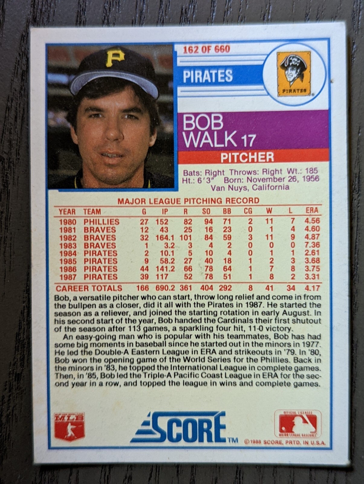 1988 Score - #162 Bob Walk for sale online | eBay