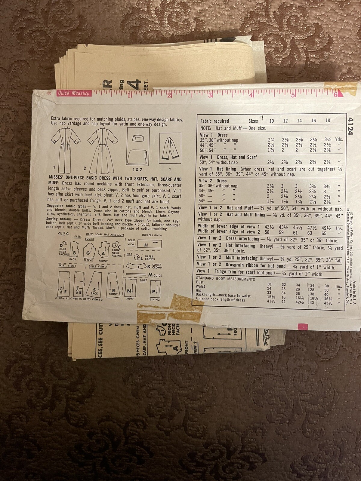 4124 Simplicity Dress Pattern With Hat Muff Scarf Size 14 Vintage 1962 ...