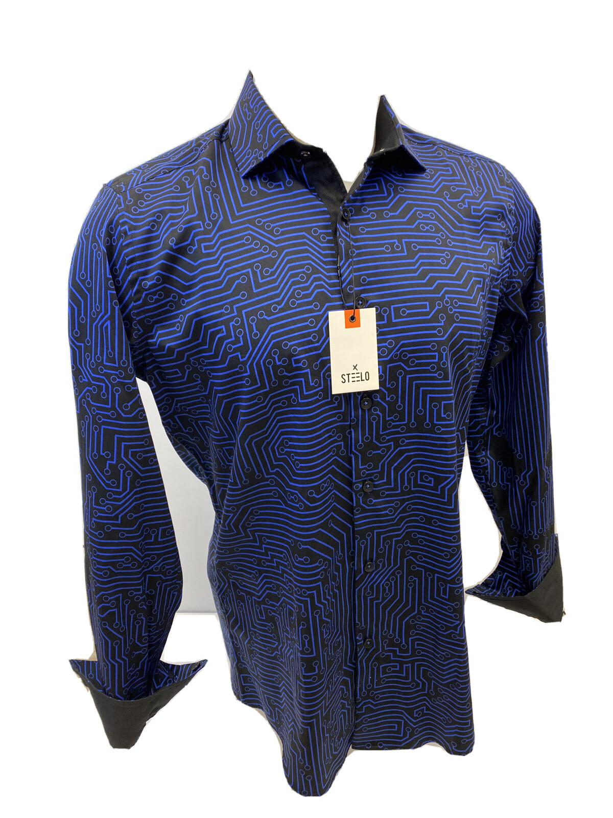 Men STEELO By ENVY Long Sleeve Button Up Dress Shirt BLUE SILKY SKULL ...