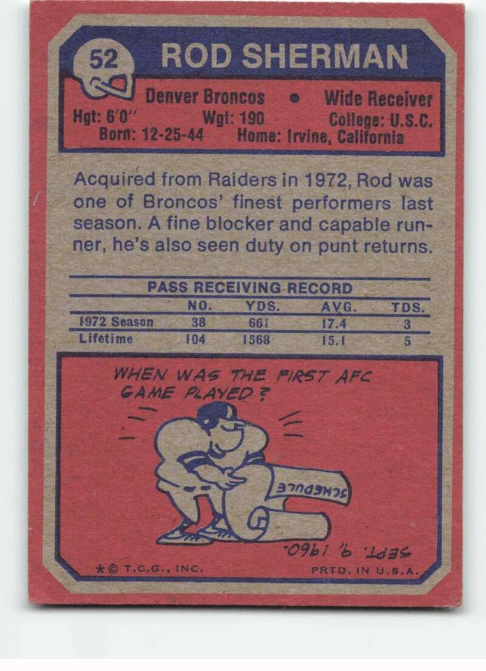 1973 Topps #52 Rod Sherman G/VG Good/Very Good Broncos ID:122902 | eBay