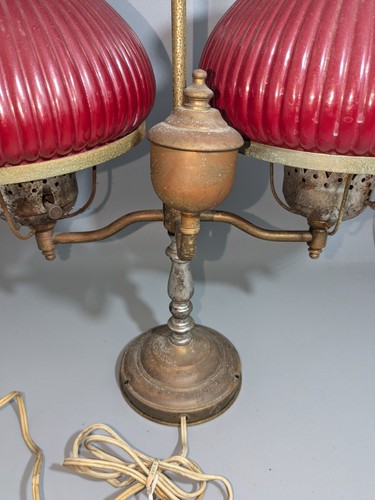 Vintage or Antique Double Student Hurricane Lamp Red Ribbed Shades, 20 ...