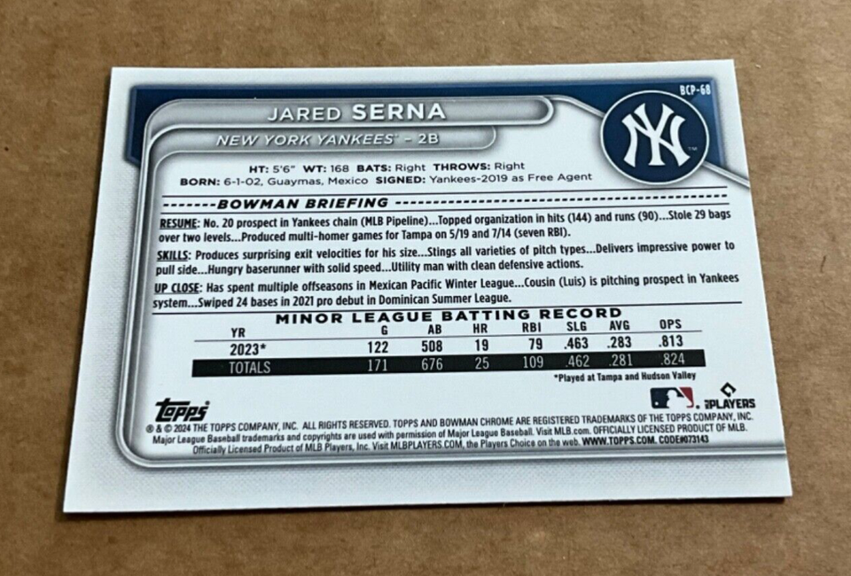 2023 Bowman Chrome BCP-68 Jared Serna New York Yankees | eBay