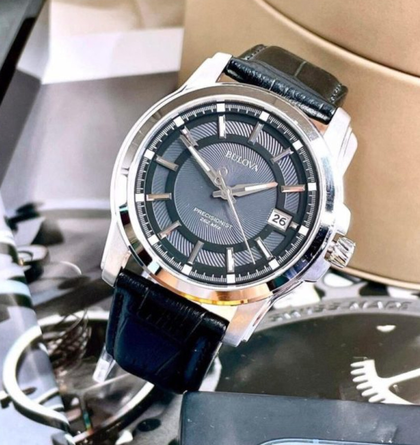 Bulova Gray Dial 96B158 Precisionist Silver Tone Black Leather Band Men ...