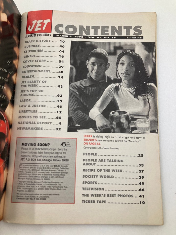 Jet Magazine March 9 1998 Vol 93 #15 Usher Hits Right Chord as Brandy's ...