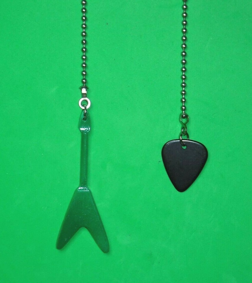 Guitar Ceiling Fan Pull Chain Set. Green Wood Guitar With Real Pick | eBay