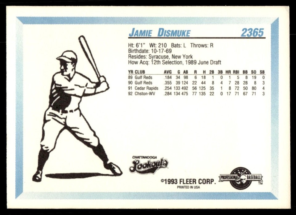 1993 Fleer Pro Cards Jamie Dismuke Auto Chattanooga Lookouts #2365 ...