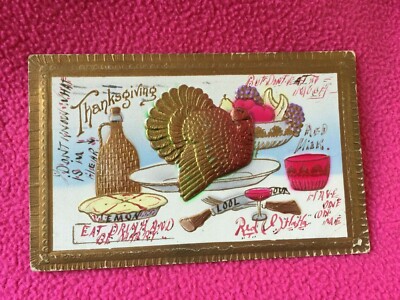 OLD antique POSTCARD thanksgiving day TURKEY glass of wine TABLE eat ...