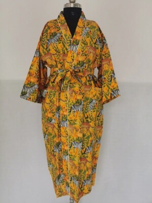 Indian Cotton Robe Long Kimono Sleepwear Yellow Tiger Print Night Suit ...
