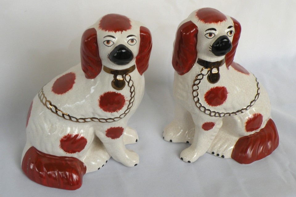 PAIR STAFFORDSHIRE MANTEL DOGS 9.5" ENGLAND Chestnut Color Spots Nice ...