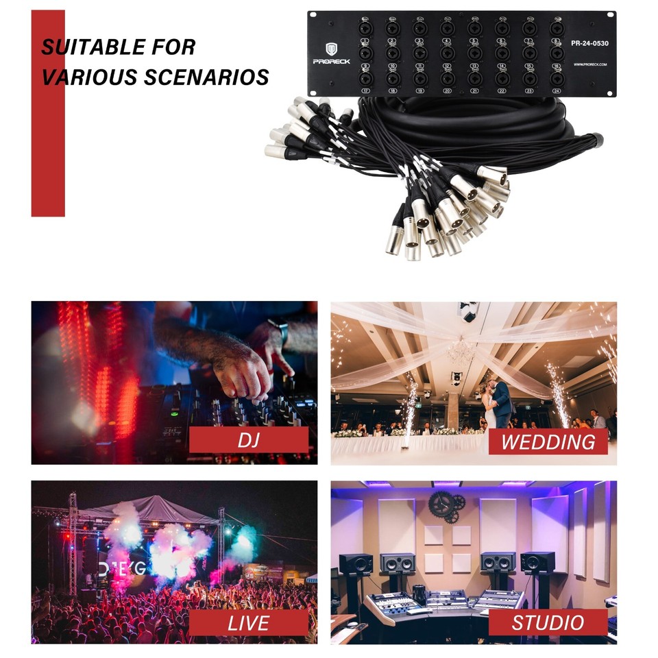 PRORECK 24-Channel Splitter Snake Cable Rack Mount XLR TRS Combo 5ft ...