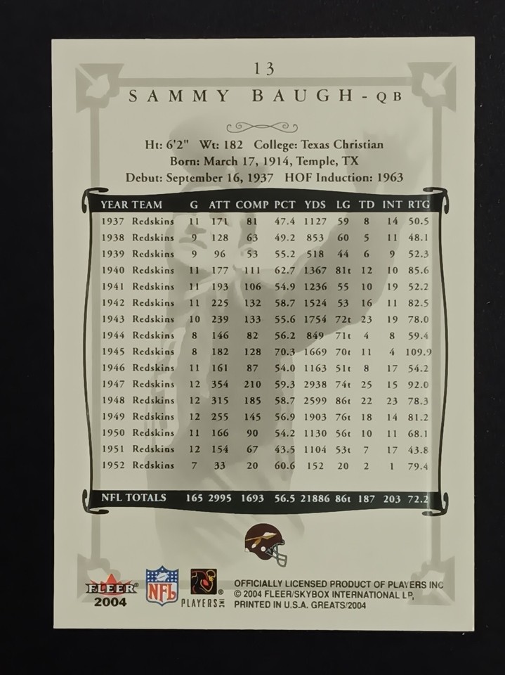 2004 Greats of the Game #13 Sammy Baugh - Washington Redskins | eBay