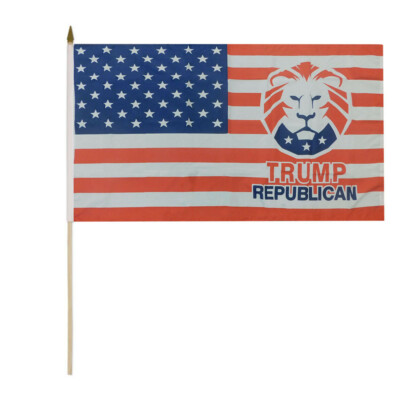 3 Pack USA Trump Republican Lion 100D 12"x18" Stick Flag 30" Wood Staff ...