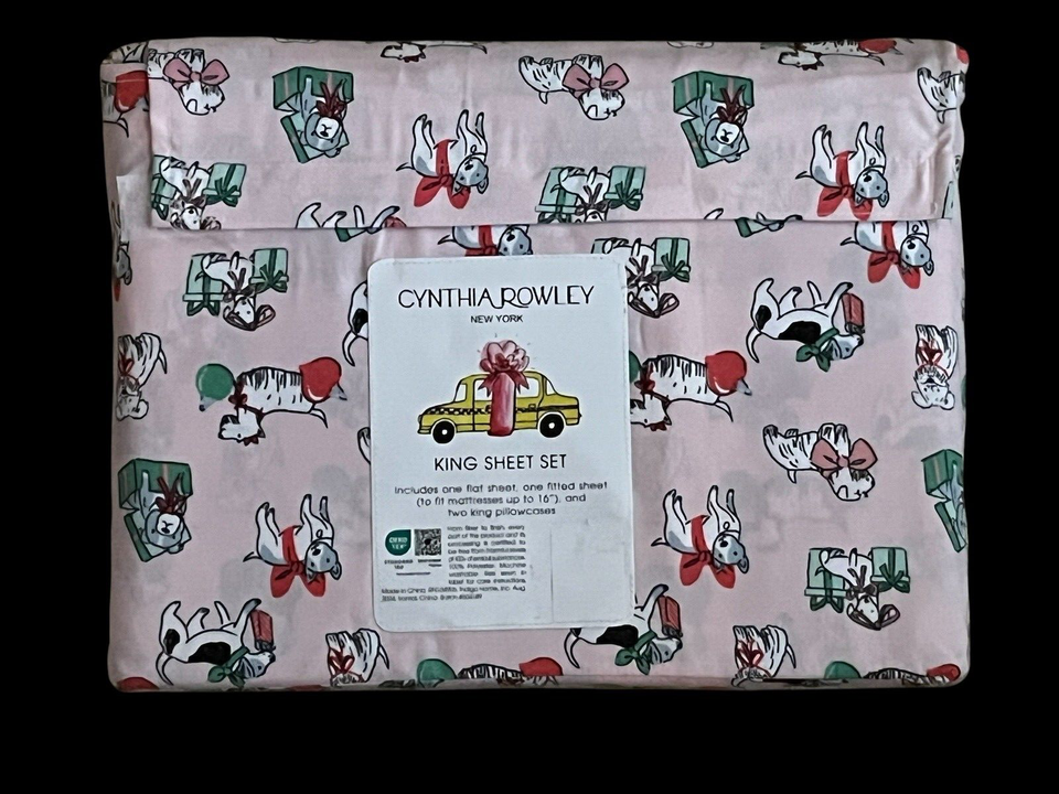 Cynthia Rowley Christmas Holiday King Sheet Set All over Dog Design New ...