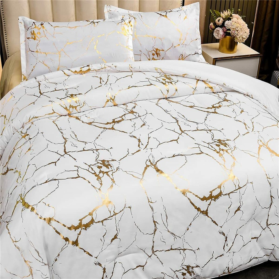 White Gold Metallic Marble Foil 3 pc Comforter Set Twin Full Queen King ...
