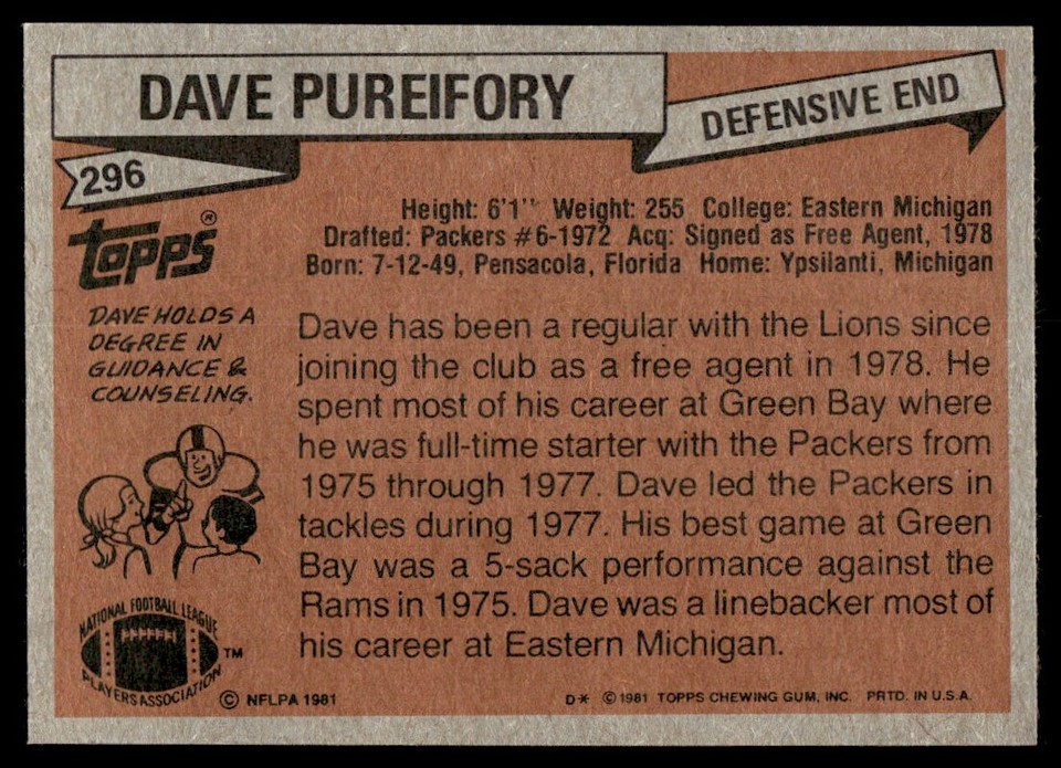 1981 Topps Dave Pureifory Detroit Lions #296 | eBay
