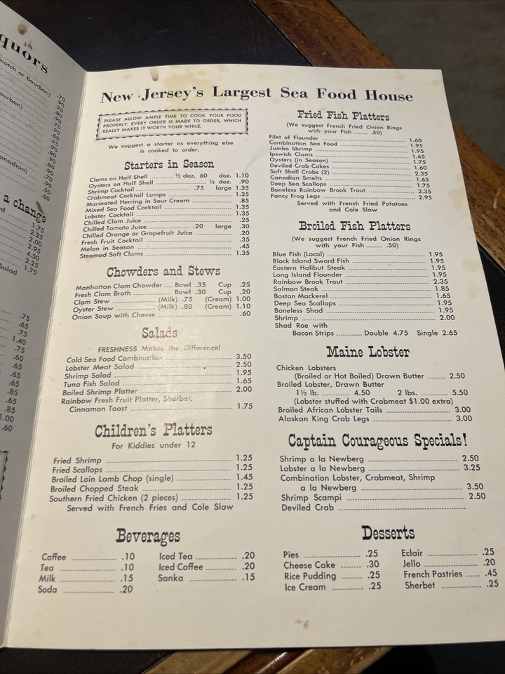 Vintage Restaurant Menu Captain Courageous Tom’s River New Jersey | eBay