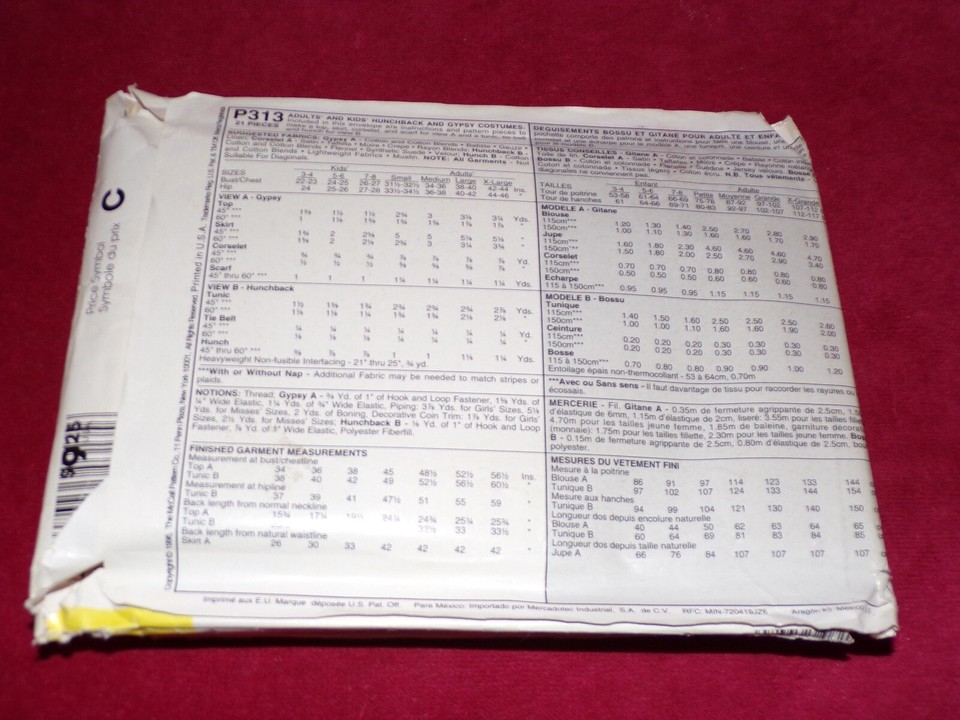 🌼 McCALL'S #P313 / #8447 - ADULT MEDIEVAL HUNCHBACK - ESMERALDA PATTERN ...