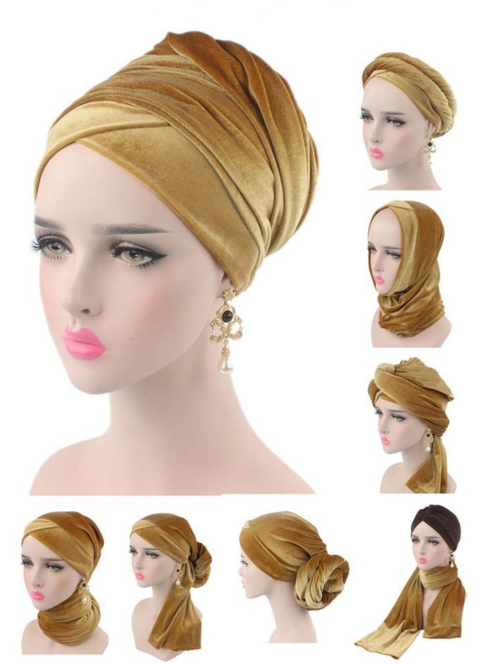Women Muslim Velvet Long Tail Cap Scarf Head Shawls Warp Scaves Hat ...