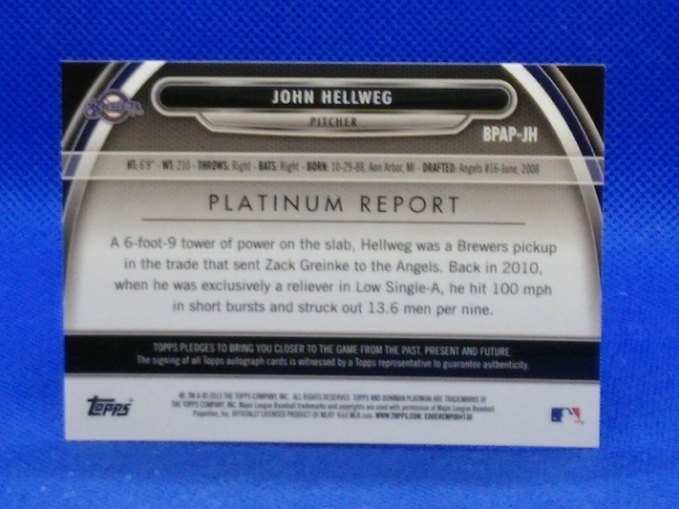 2013 Bowman Platinum Prospects John Hellweg Johnny #BPAP-JH Rookie Auto ...