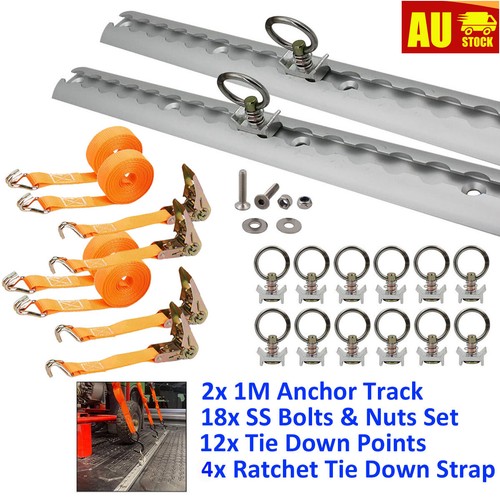 1M Anchor Track Ratchet Straps Tie Down Point 12pcs Rings Caravan Cargo ...