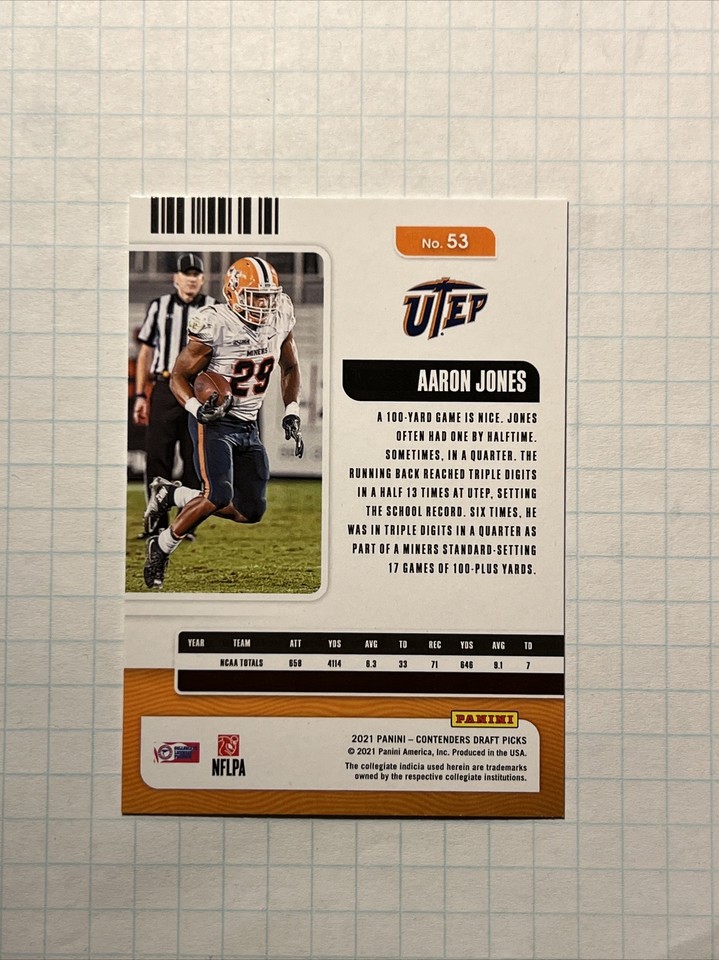2021 Contenders Draft Picks Base Season Ticket #53 Aaron Jones UTEP ...