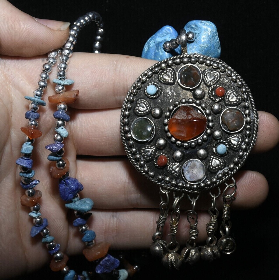 38CM Old Collection Tibetan Silver Inlay Gemstone Lingdang Jewelry ...