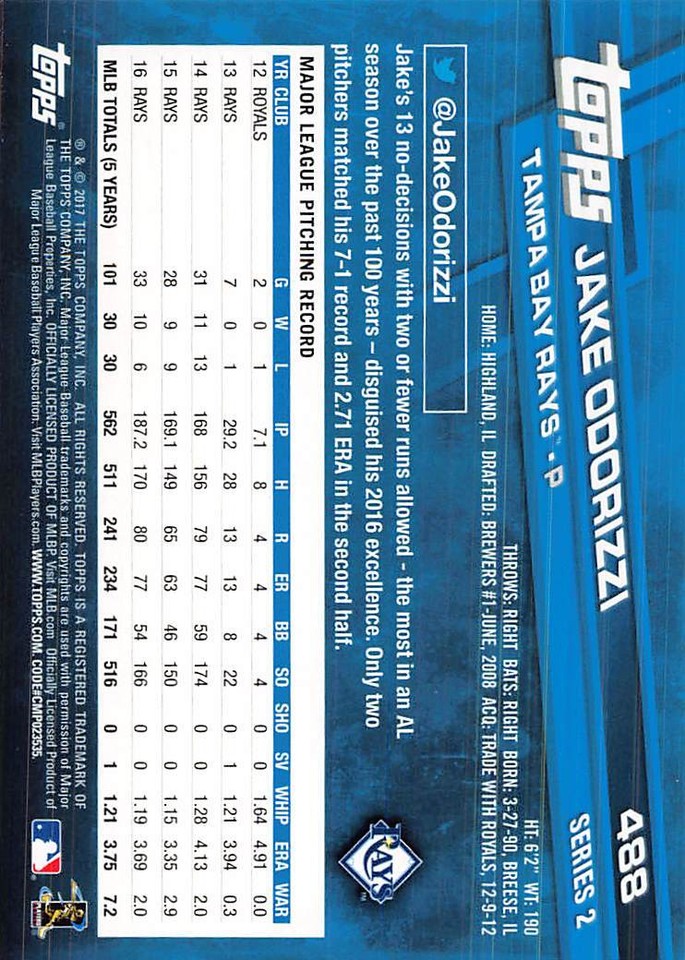 Jake Odorizzi 2017 Topps All-Star 488 Tampa Bay Rays Baseball Card | eBay