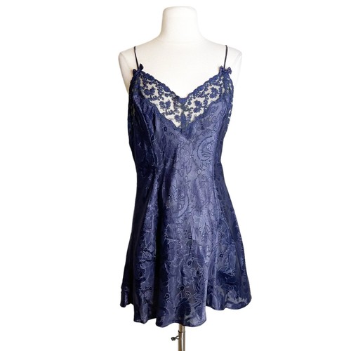 Vintage 90s L Large Victoria's Secret Chemise Navy Blue Satin Lace Mini ...