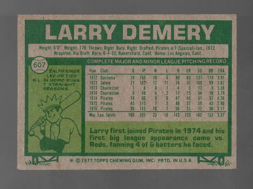 1977 Topps Larry Demery Pittsburgh Pirates #607 Very Good | eBay