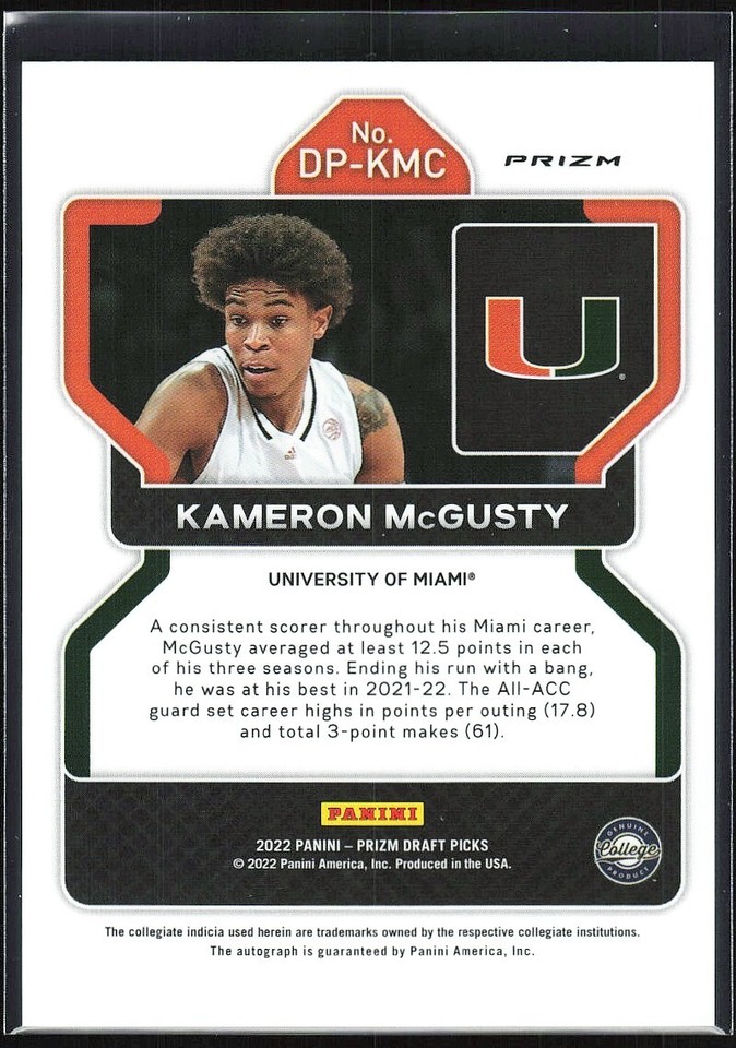 2022-23 Prizm Draft Picks Autographs Green Kameron McGusty Auto Miami # ...