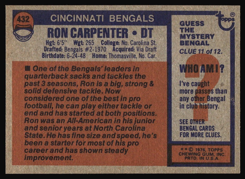 1976 Topps Ron Carpenter #432 Cincinnati Bengals | eBay
