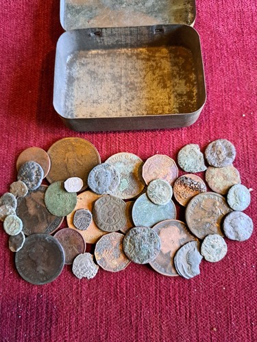 Tin of mixed old coins some look acient roman job lot from flea market ...