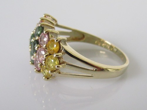 9ct Gold Ring - 9ct Yellow Gold Multi Coloured Sapphire Cluster Ring ...
