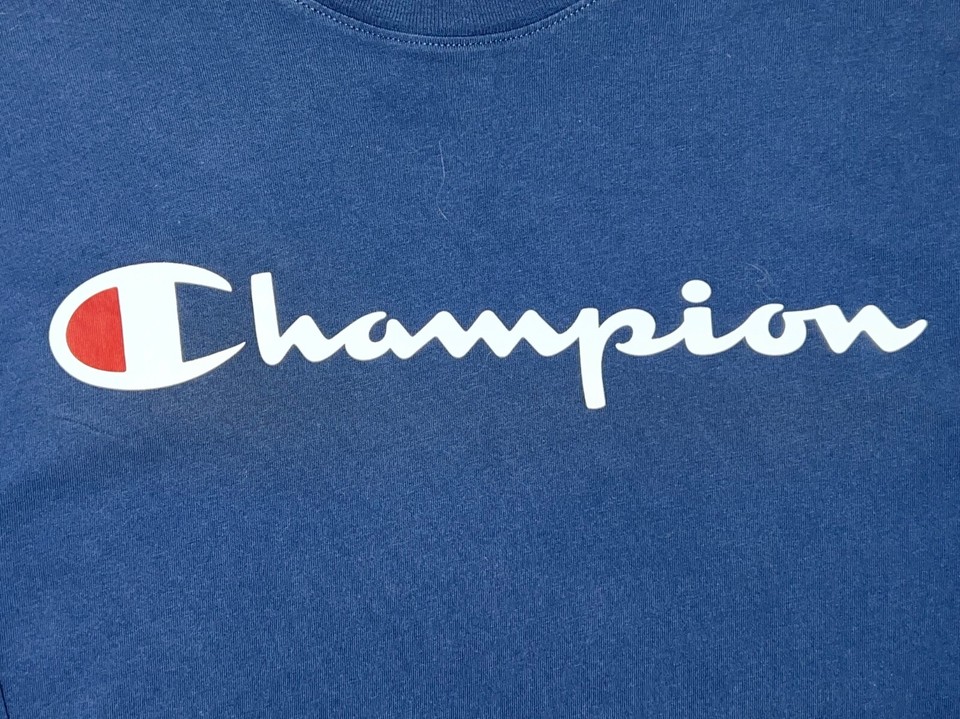 CHAMPION Shirt Mens (Med) Long Sleeve Navy Blue Spell out Logo Graphic ...