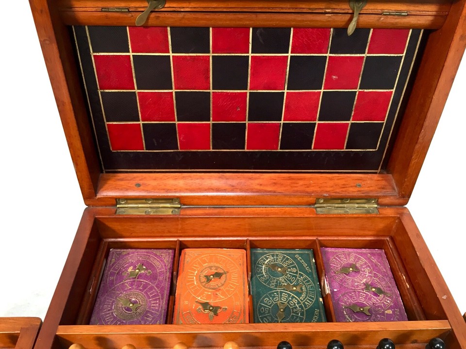 Antique 19th Century Victorian Games Compendium Box / Wooden Cabinet c ...