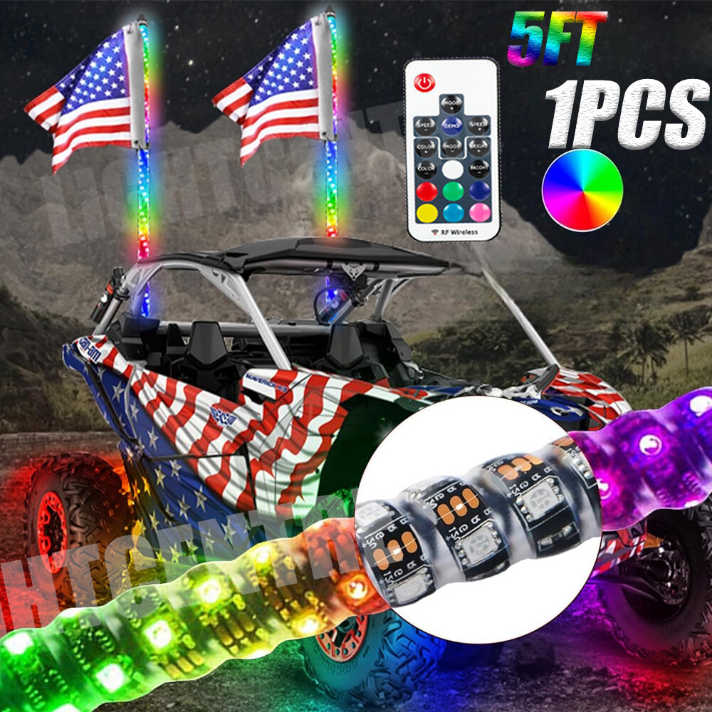 5ft RGB LED Spiral Whip Light Antenna with Flag & Remote for ATV UTV ...