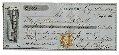 Eakley Pennsylvania locomotive 1886 bank check with Scott R15 Internal ...