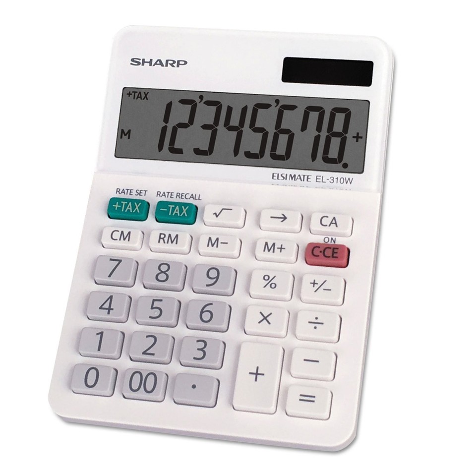 Sharp EL-310WB Mini Desktop Calculator, 8 Digit Angled Display, White ...