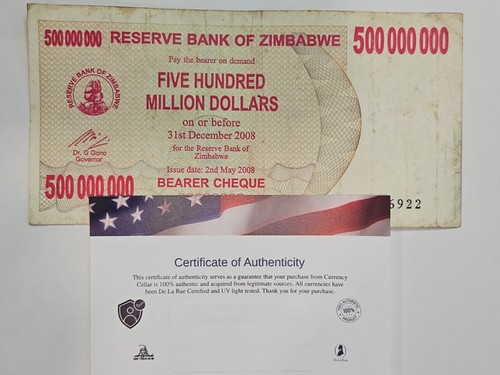 25 Zimbabwe 500 million BEARER Cheque banknote 2008 Circulated USA ...