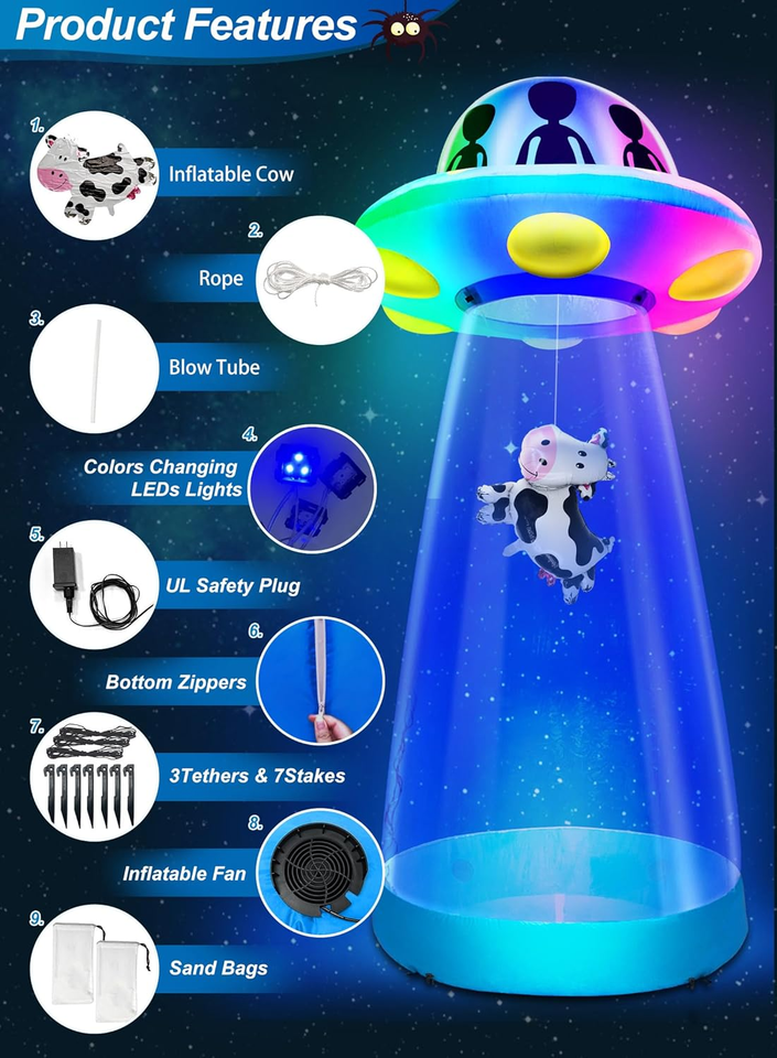 [ 3 Colors Changing Light ] 10 Ft Tall Halloween Inflatable UFO Cow ...