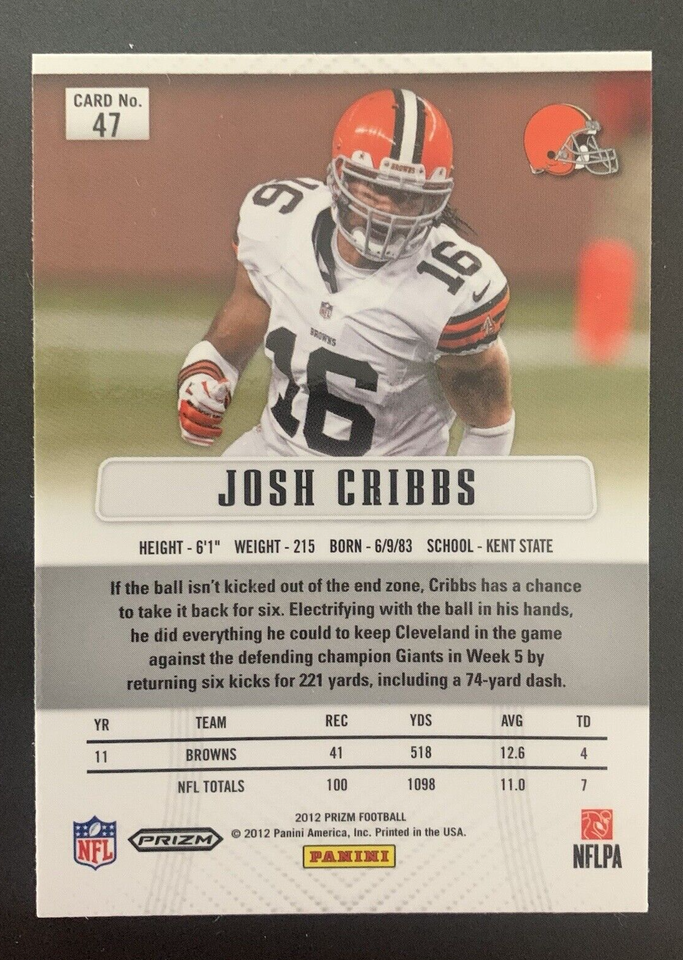 2012 Panini Prizm #47 Josh Cribbs Retail Green Prizm Refractor 1st Year ...