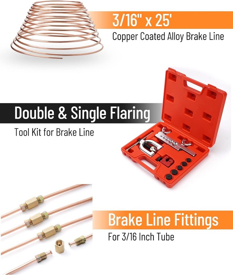 Copper Coated Brake Line 3/16 25FT & Flaring Tool + 20 Nuts Fittings ...