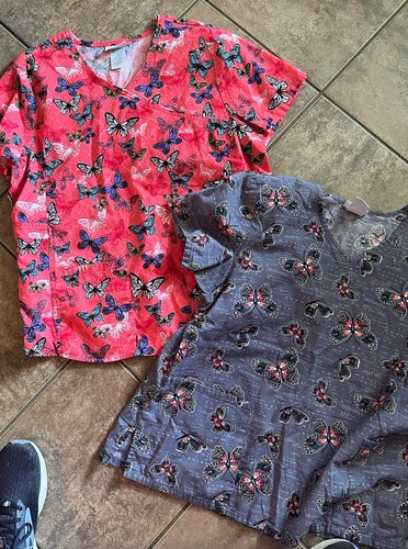 Lot 2 Scrubstar Scrub Top Womens XL Pink Butterfly Smock Nurse ...