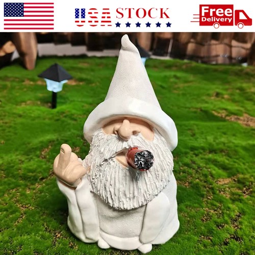 Smoking White Wizard Gnome Middle Finger Lawn Ornament Statue Garden ...