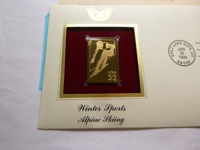 ALPINE SKIING WINTER SPORTS 1ST DAY ISSUE USPS 22KT GOLD STAMP RARE J-E ...