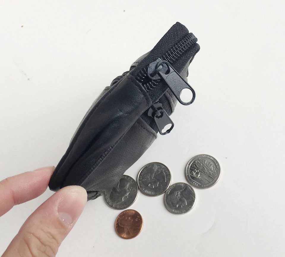 Black Leather Men's Small Zip Coin Purse Front Pocket Keychain Change ...