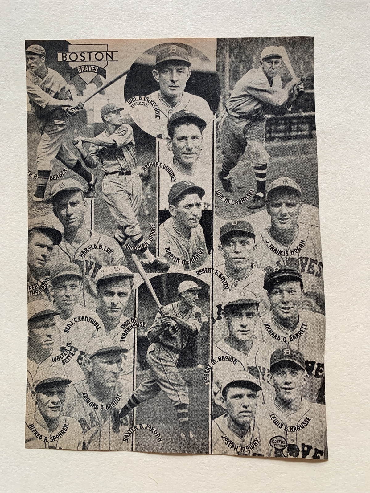 Boston Braves Bill McKechnie Wally Berger Brandt 1934 Baseball 4X6 Team ...