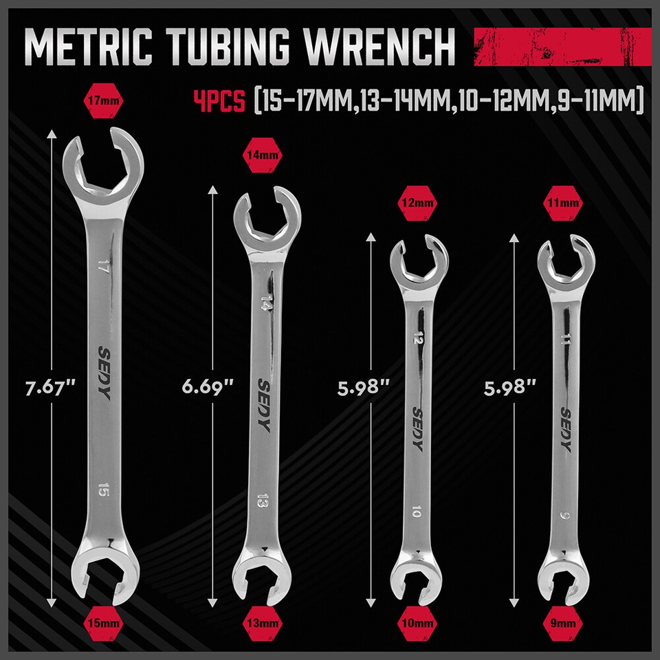 4PC Flare Nut Wrench Open-Ended Brake Pipe Spanner Set 9,10,11,12,13,14 ...