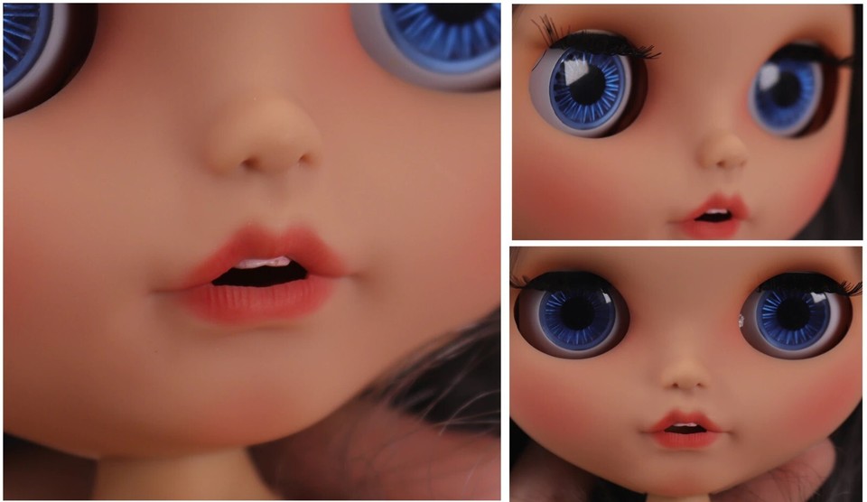 Neo Blythe Doll Open Mouth Nude Tan Skin Matte Face Black Hair Wig BJD ...